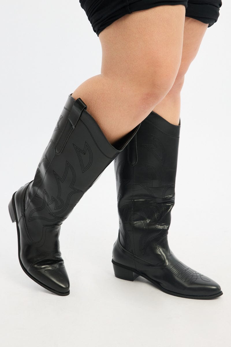 Black Wide Fit Embroidered Cowboy Boots | You & All