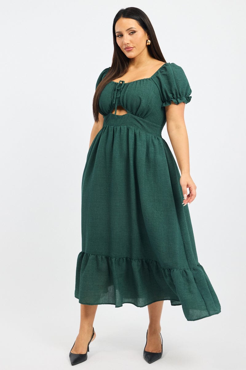 Green Midi Dress Short Sleeve Cut Out Tiered | You & All