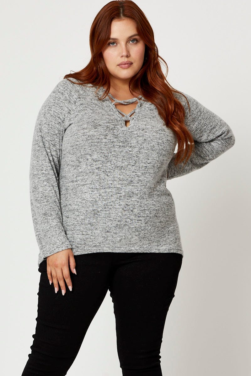 Plus Size Grey Jersey Top Lace Up Marle Short Sleeve |You + All | Shop ...